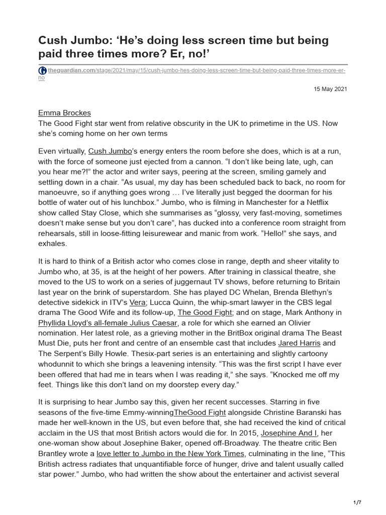 Cush Jumbo Hes Doing Less Screen Time But Being Paid Three Times More ...