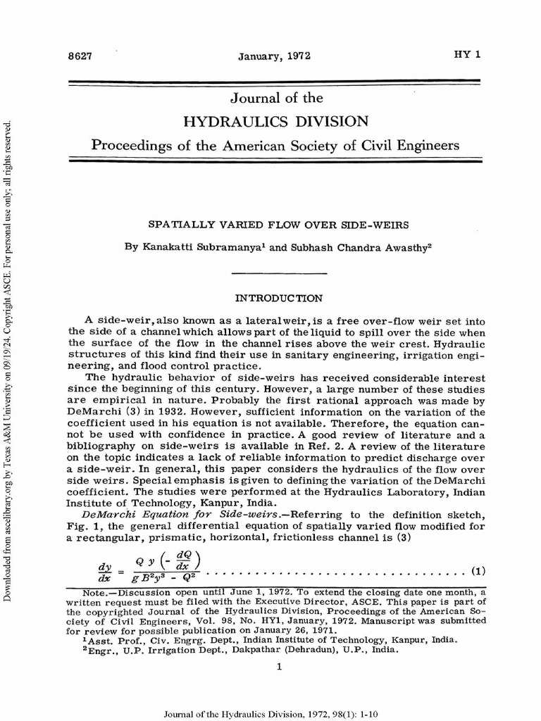 【Spatially varied flow over side-weirs（Subramanya，1972）】 | PDF