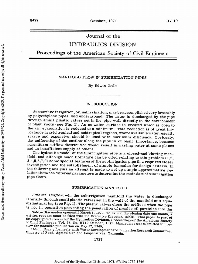 【Manifold Flow in Subirrigation Pipes（Edwin Zsa.k，1971）】 | PDF