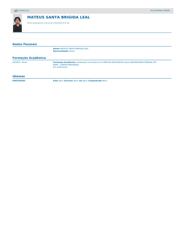 Currículo Cadastrado Na Plataforma Freire | PDF