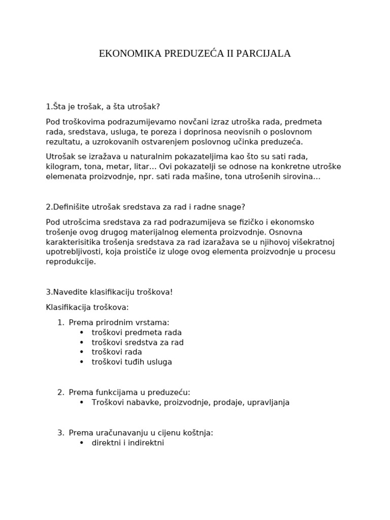 Ekonomika Preduzeća Ii Parcijala | PDF