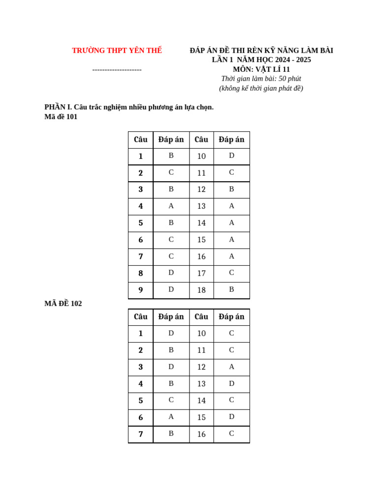 Đap An Đe Ren Ky Nang Lan 1 Vat Li 11 | PDF