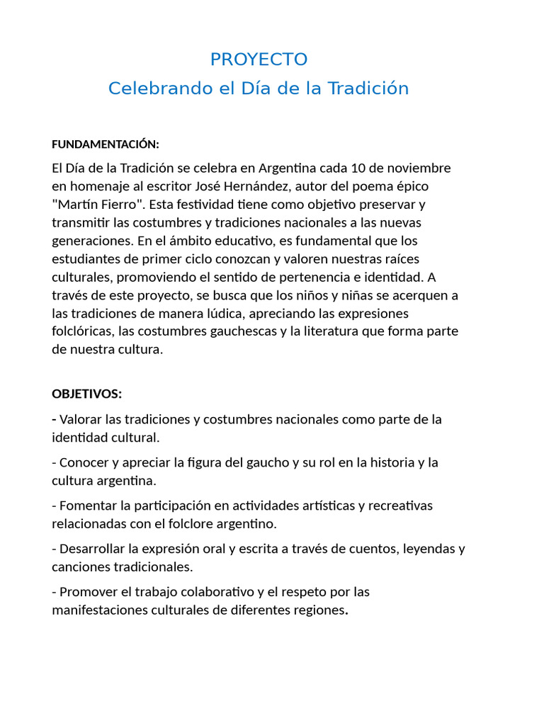 PROYECTO DIA DE LA TRADICIÓN 2024 | PDF | Tradiciones | Folklore