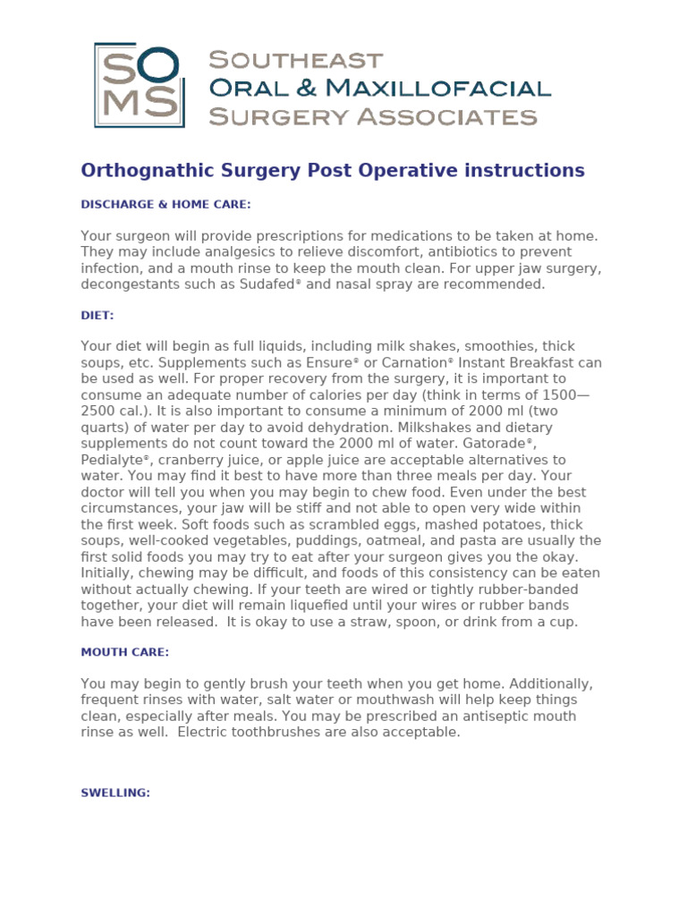 Orthognathic Surgery Post Operative Instructions | PDF | Surgery ...