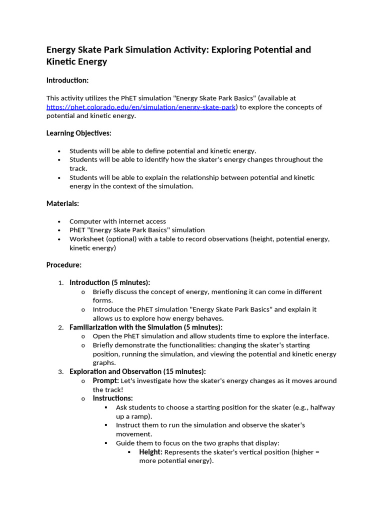 Energy Skate Park Simulation Activity | PDF | Simulation | Friction