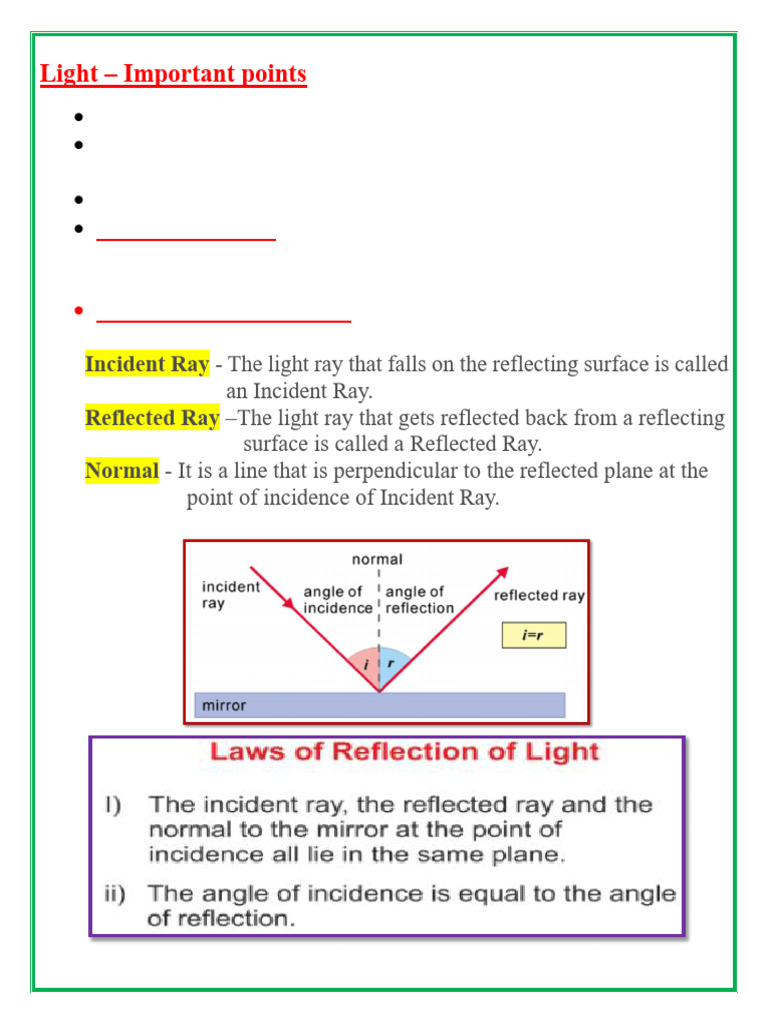 Light - Important Points | PDF | Mirror | Atomic