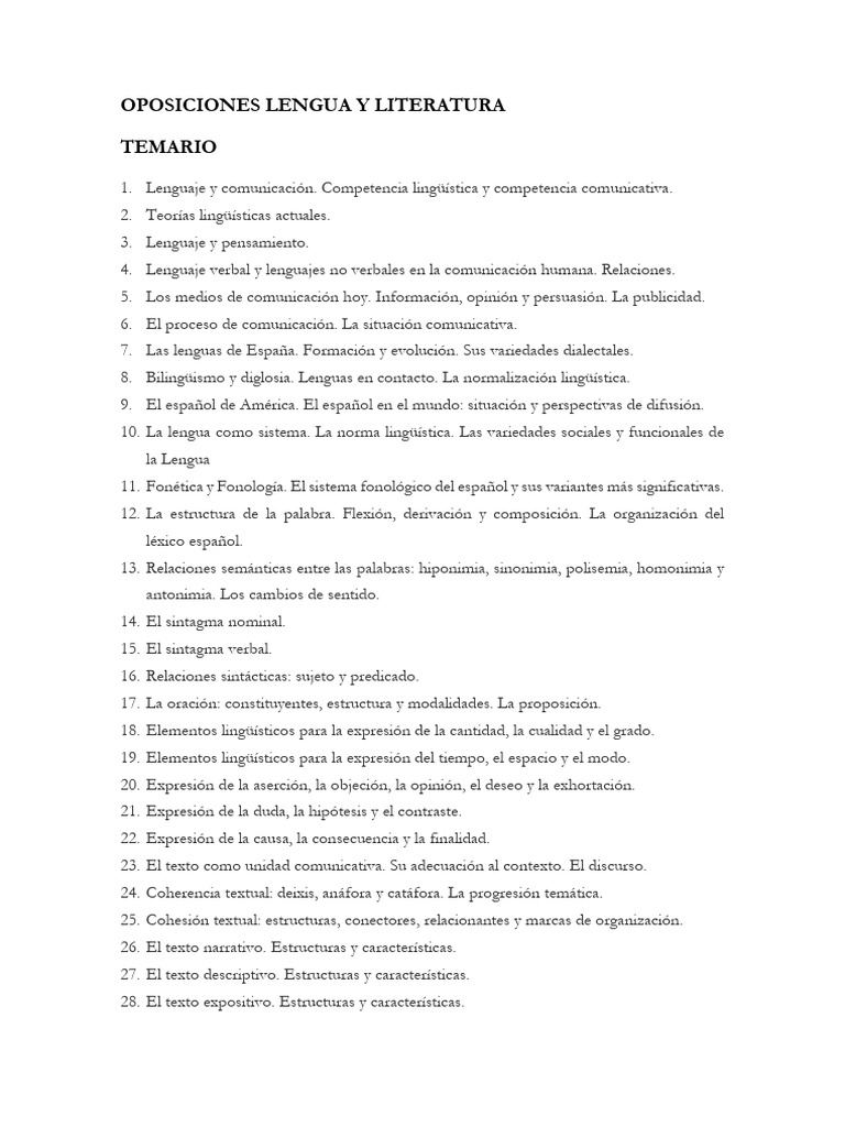 Índice Temario Oposiciones Lengua Castellana y Literatura Madrid | PDF | Palabra | Comunicación