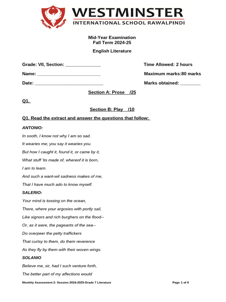 Grade 7 - Literature - Montly Assessment#2 | PDF | The Merchant Of Venice