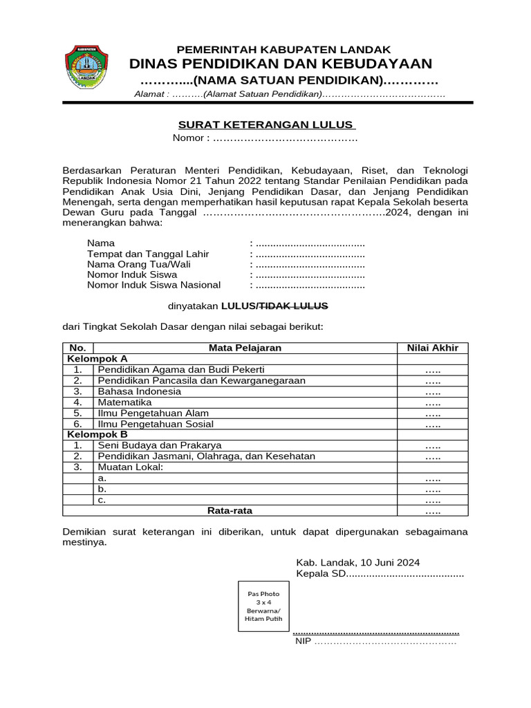 Format SKL SD Kabupaten Landak Tahun 2023 | PDF | Seni