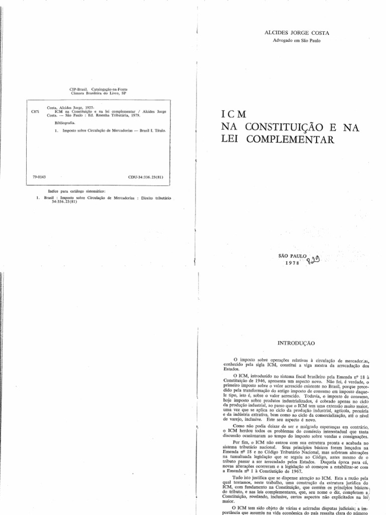 Alcides Jorge Costa ICM Na Constiuicao e Na Lei Complementar | PDF