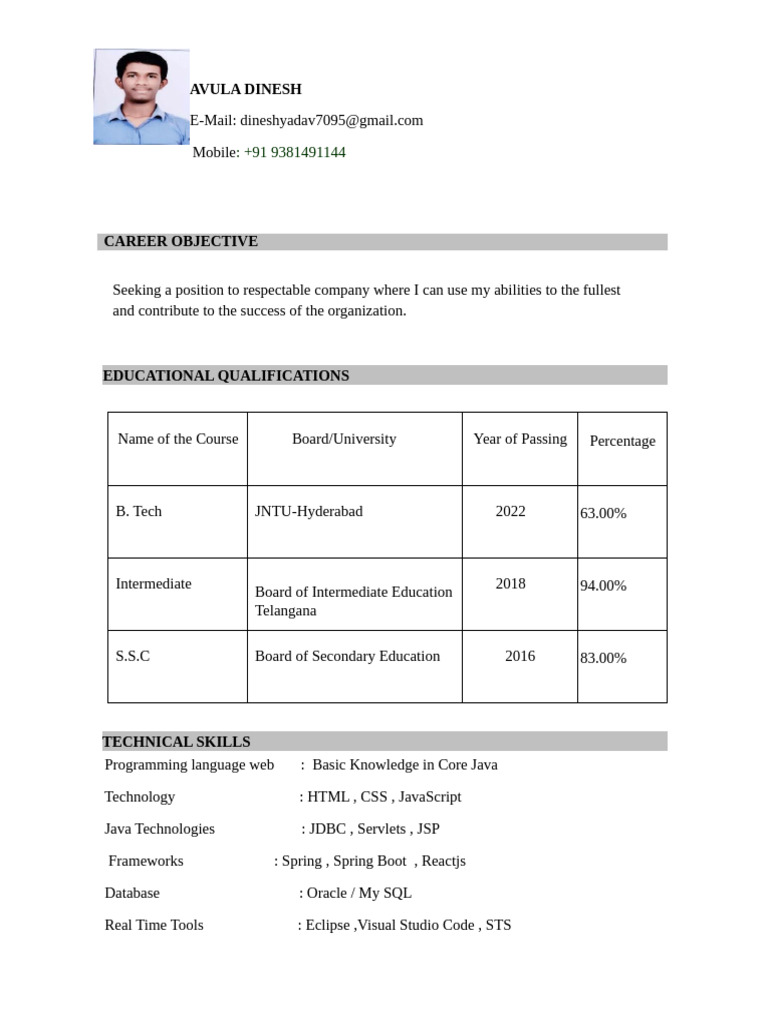 Resume of Avula Dinesh - B.Tech Graduate | PDF | Career & Growth
