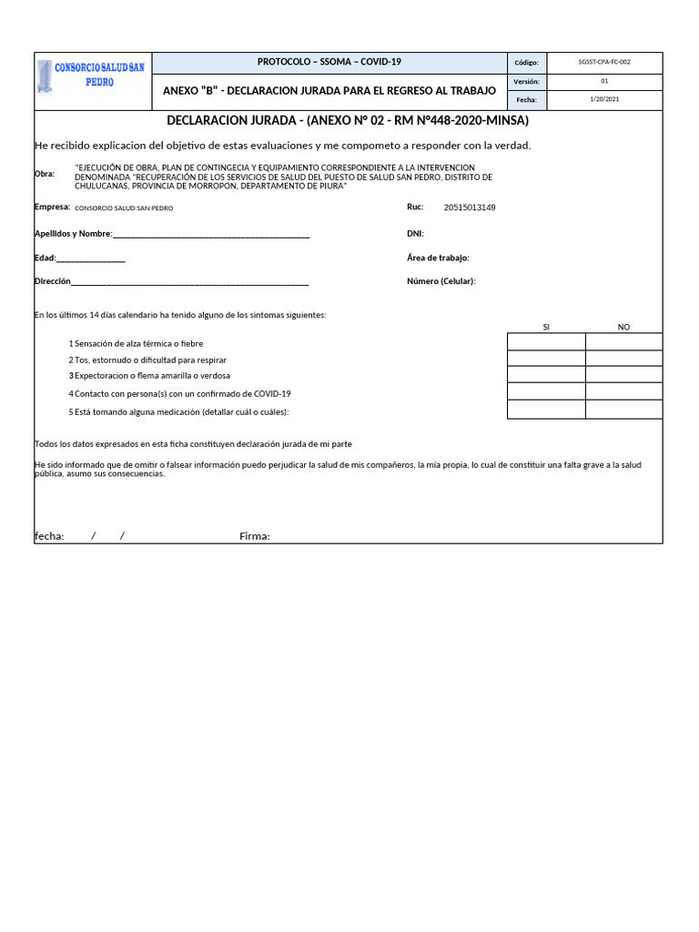 Formato B - Declaracion Jurada para El Regreso | PDF