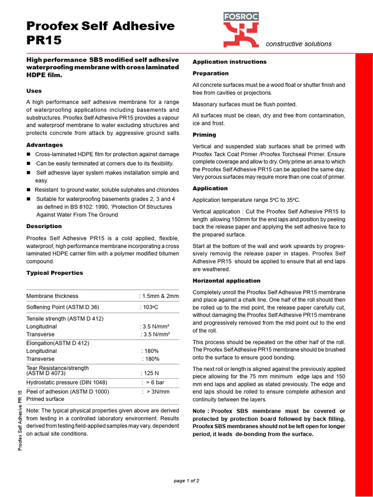 TDS Proofex Self Adhesive PR15 India6 | PDF | Adhesive | Building Engineering