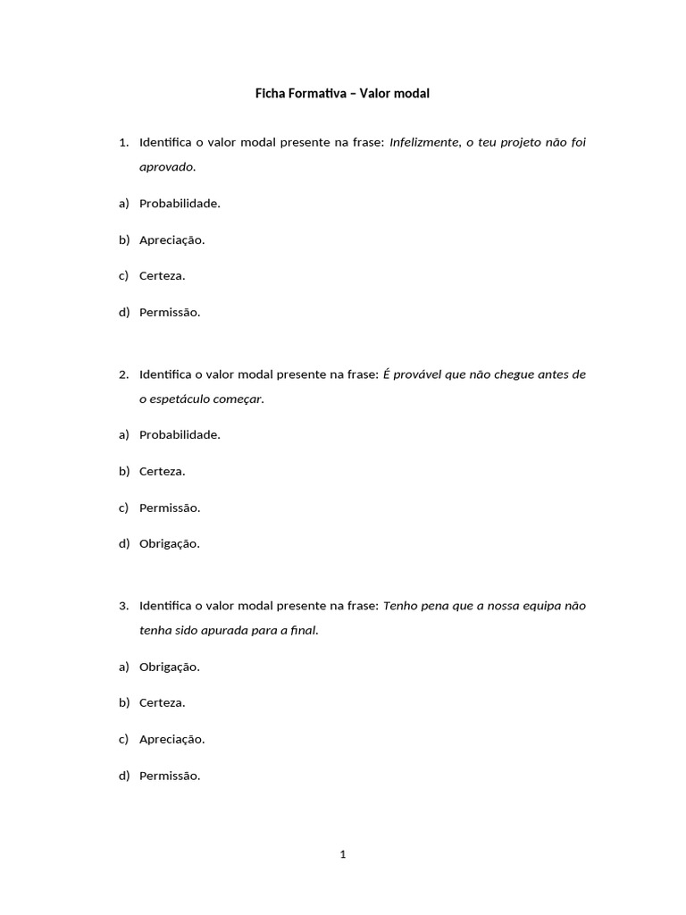 Ficha Formativa - Valor Modal | PDF | Jogos e Atividades