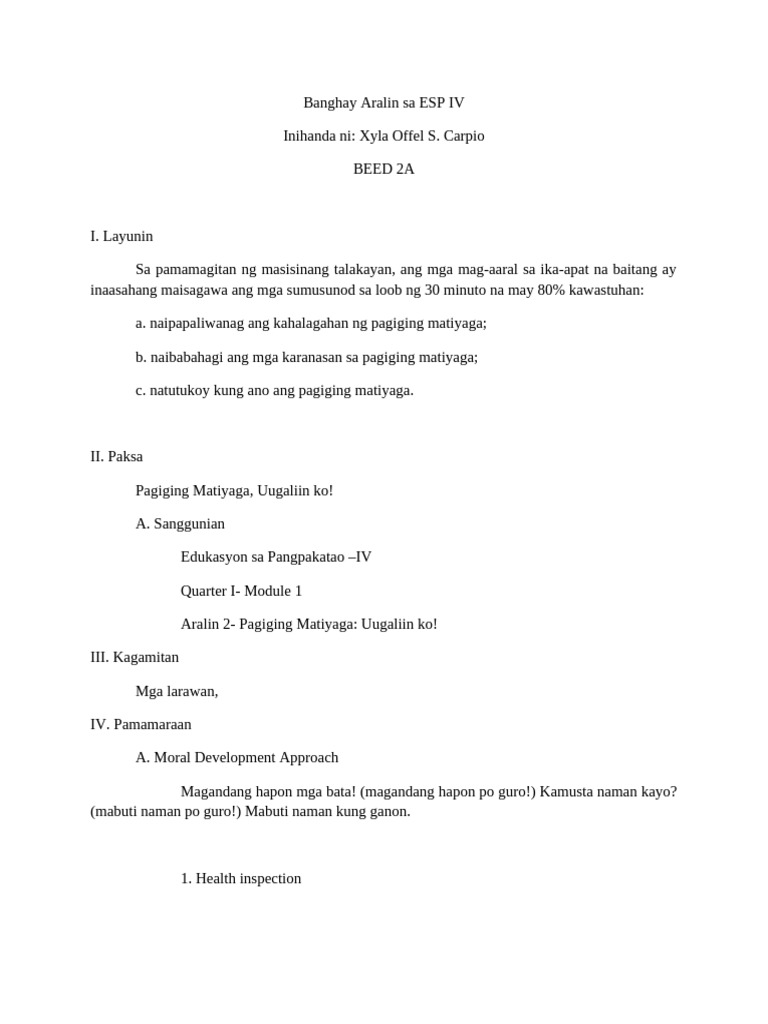 Banghay Aralin Sa ESP IV | PDF