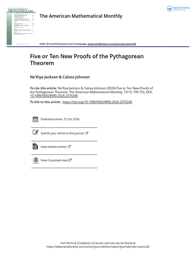 Five or Ten New Proofs of The Pythagorean Theorem | PDF | Trigonometric Functions | Trigonometry
