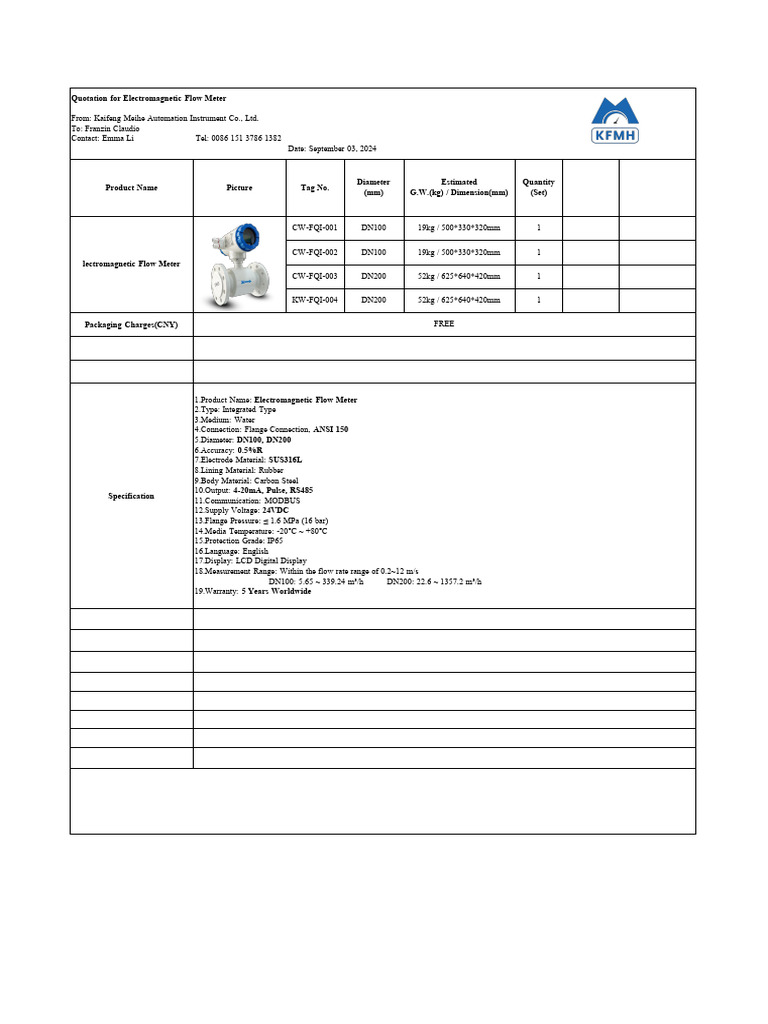 DATA SHEET Electromagnetic Flow Meter | PDF | Flow Measurement | Metrology