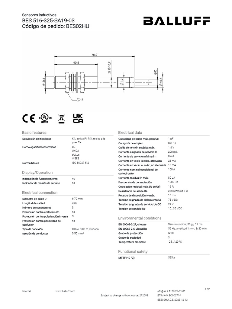 Datasheet - BES02HU - 272003 - Es SENSOR Inductivo M12 | PDF | Cantidad | Electromagnetismo