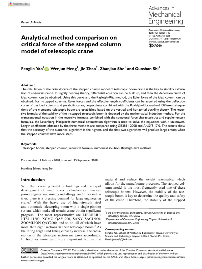 46 Analytical Method Comparison On Critical Force Of The Stepped Column Model Of Telescopic