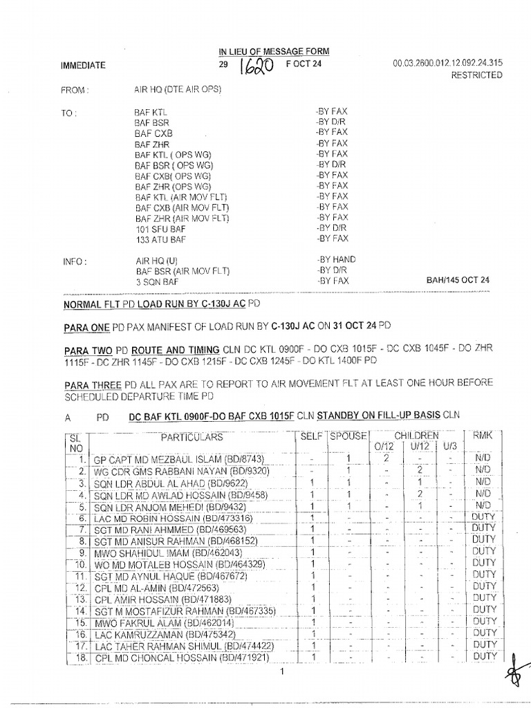 Pax and Cargo Manifest (KTL-CXB-ZHR-CXB-KTL) by C-130 Ac On 31 Oct 24 | PDF