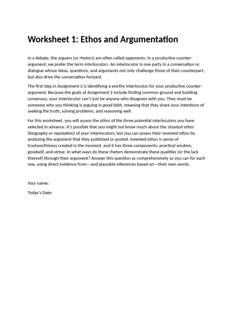 Worksheet 1 Ethos and Argumentation | PDF