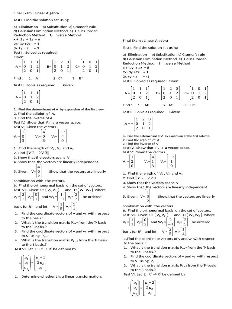 Final Exam Linear Algebra | PDF | Basis (Linear Algebra) | Linear Algebra