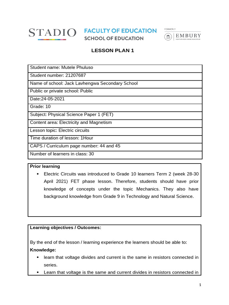 Electric Circuits Lesson PS | PDF | Electrical Resistance And ...