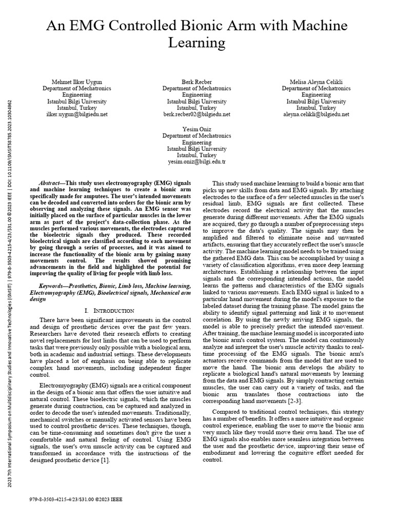EMG-Controlled Bionic Arm with ML | PDF | Electromyography | Prosthesis