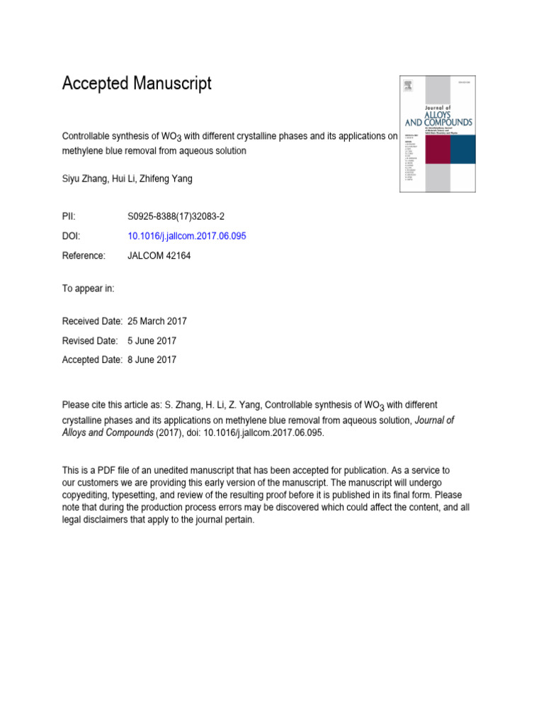 WO3 Synthesis for Methylene Blue Removal | PDF | Adsorption | X Ray ...