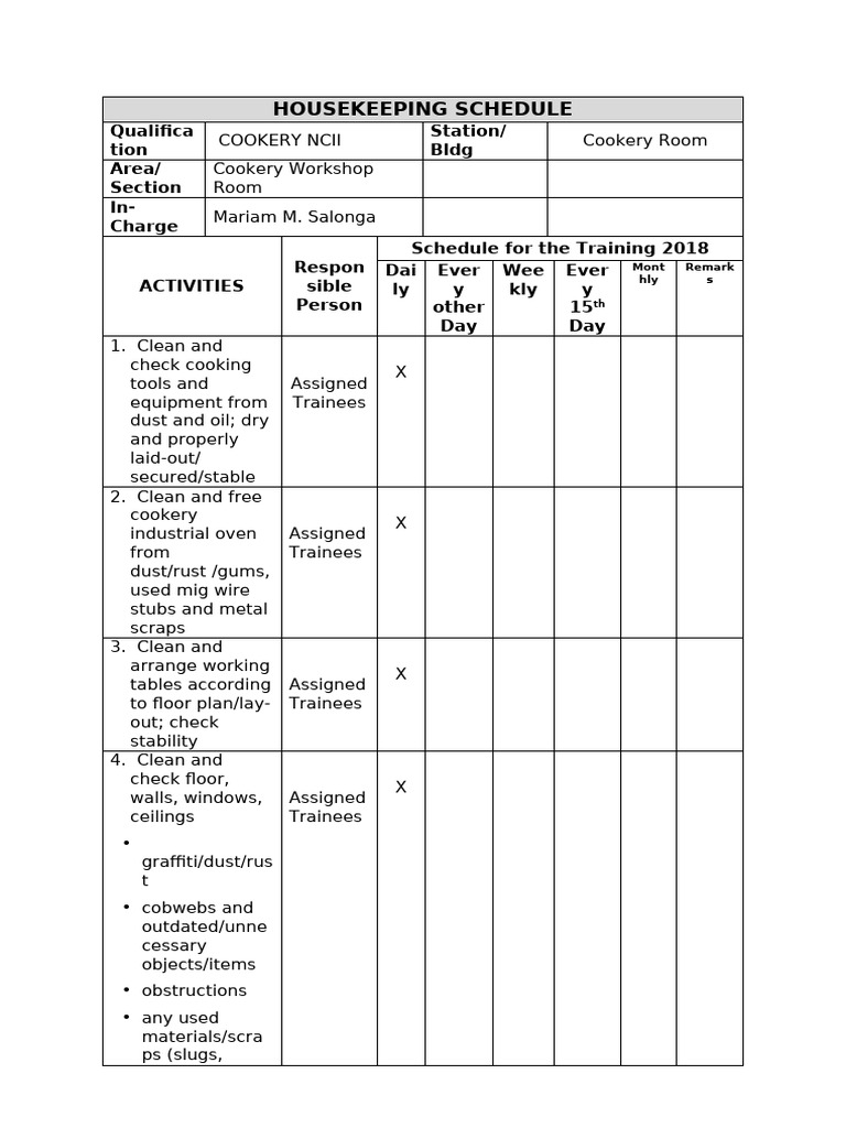 Cookery Workshop Housekeeping Schedule | PDF | Housekeeping