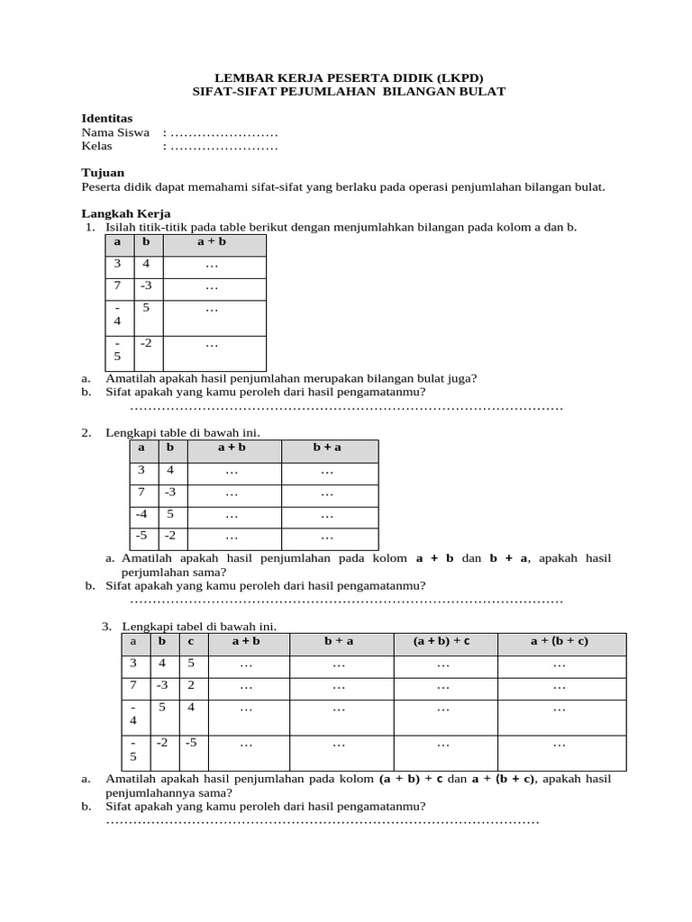 LKPD Penjumlahan Bilagan Bulat | PDF | Metode & Bahan Ajar