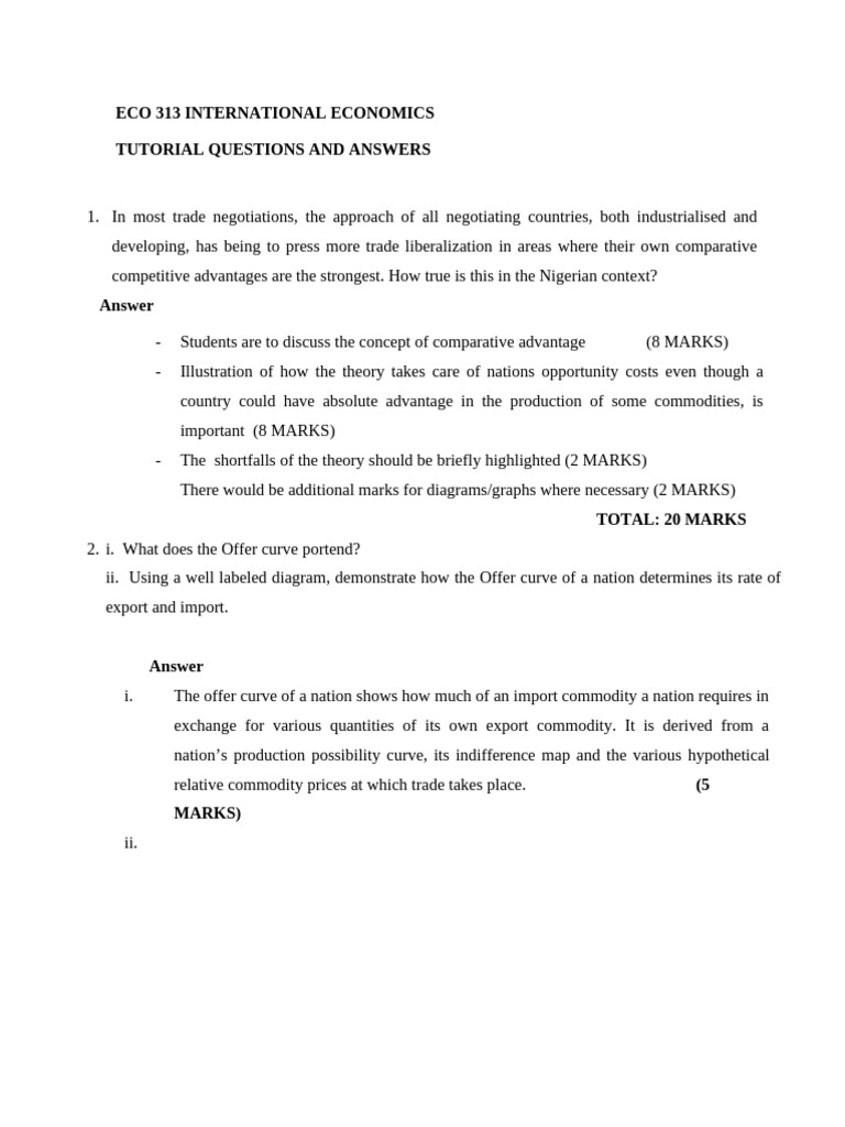 Tutorial Questions and Answers On Internaltional Economics Eco 313 | PDF | Comparative Advantage ...