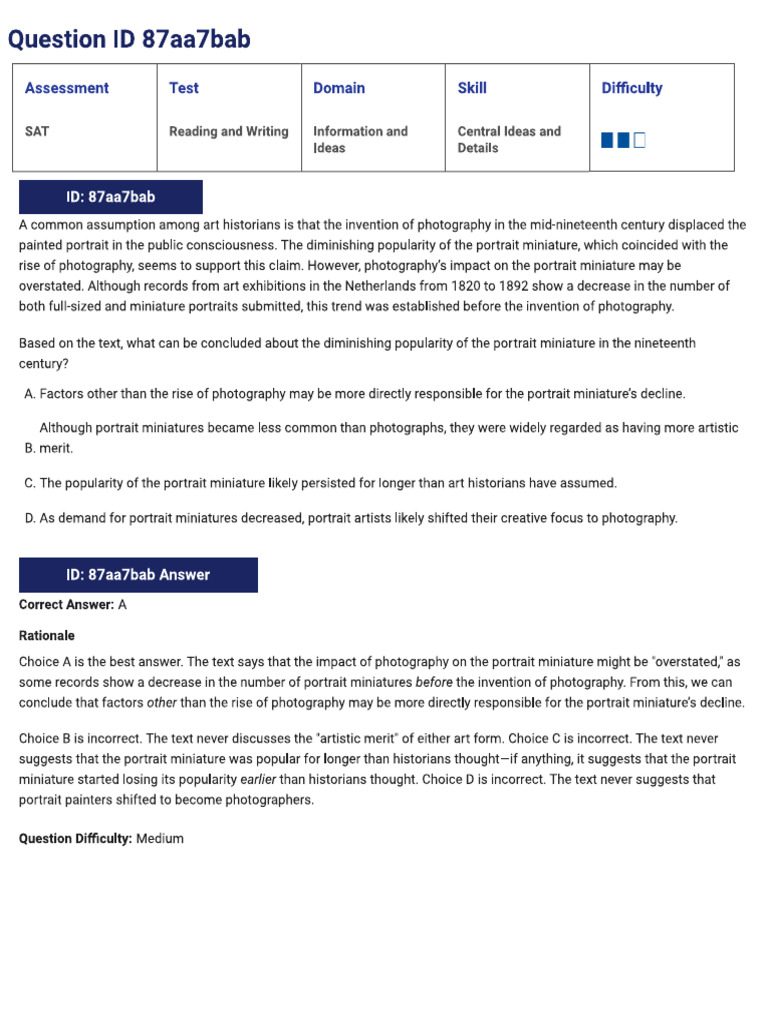 Question Bank For Central Ideas and Details Questions | PDF
