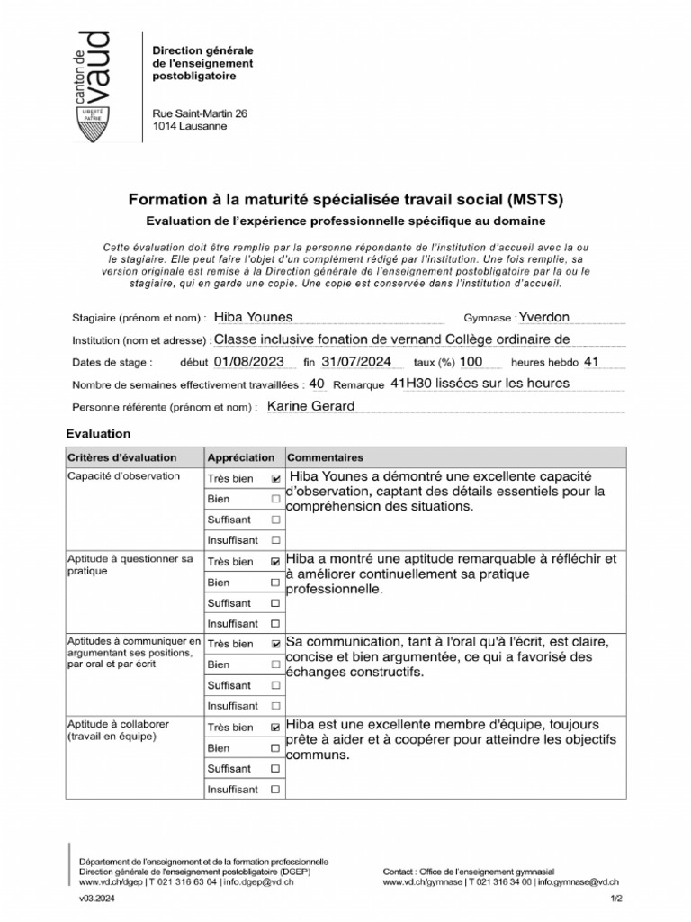 MSTS Evaluation Experience Professionnelle Hiba | PDF