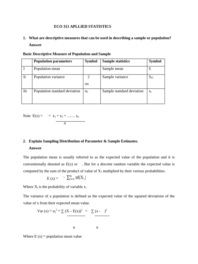 Eco 311 Applied Statistics Tutorial Questions and Answers | PDF ...