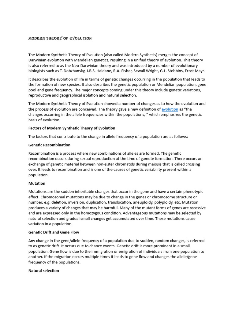Modern Theory of Evolution | PDF | Evolution | Genetics