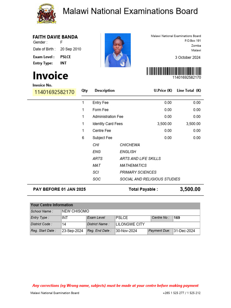 PSLCE Exam Invoice Details | PDF | Payments