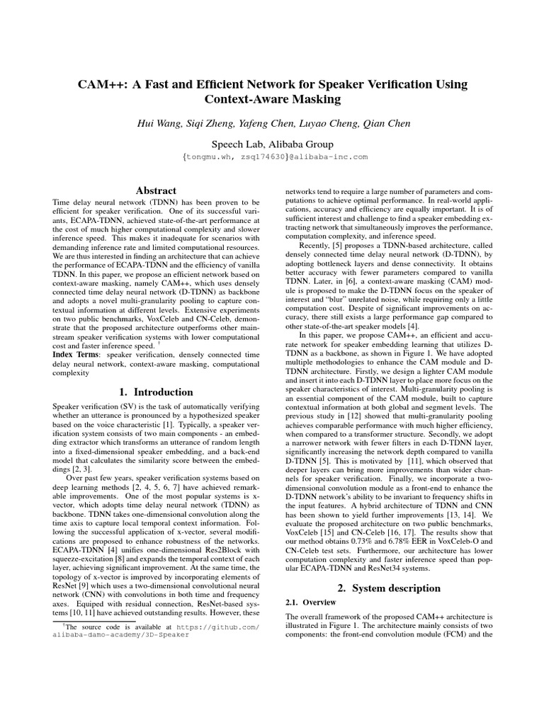 CAM++: A Fast and Efficient Network For Speaker Verification Using Context-Aware Masking | PDF ...
