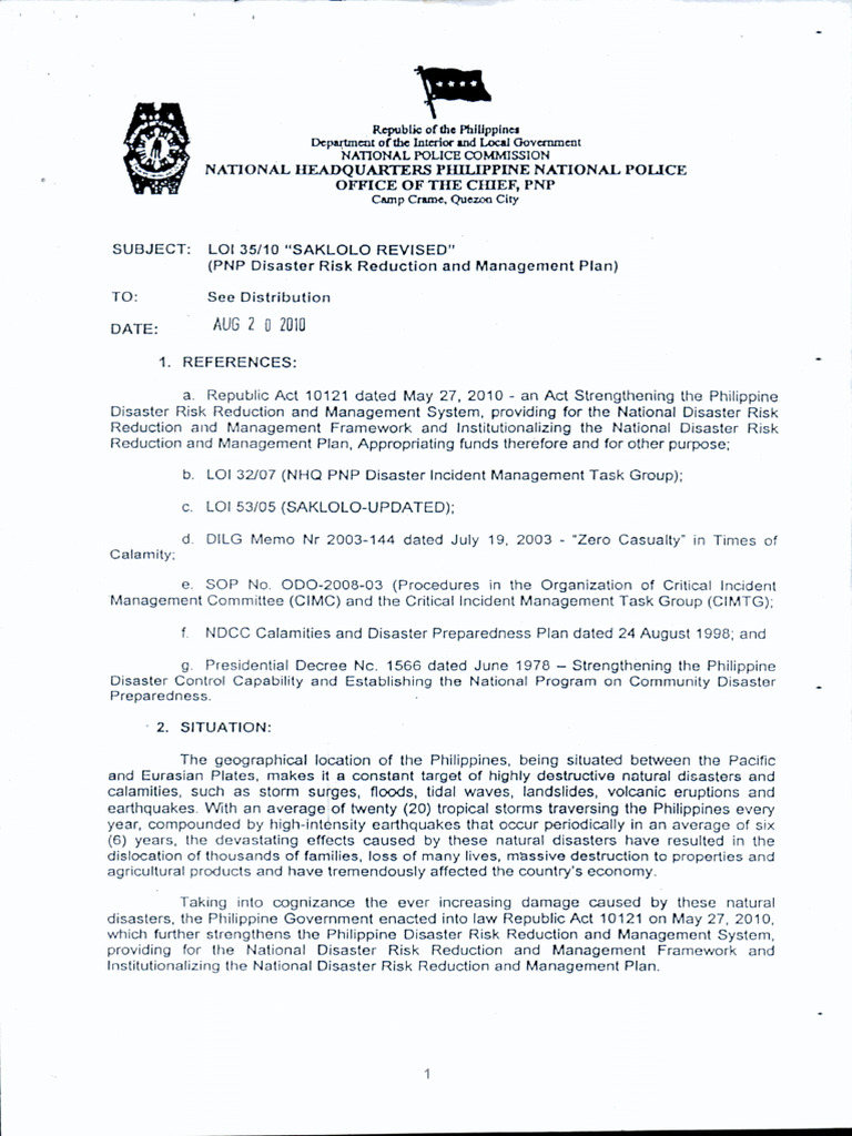LOI 03 2010 SAKLOLO REVISED PNP Disaster Risk Reduction and Management ...