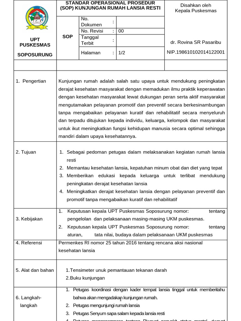 SOP KUNJUNGAN RUMAH LANSIA RESTI Pusk. Soposurung 2024 | PDF | Pengembangan Diri | Kesehatan ...