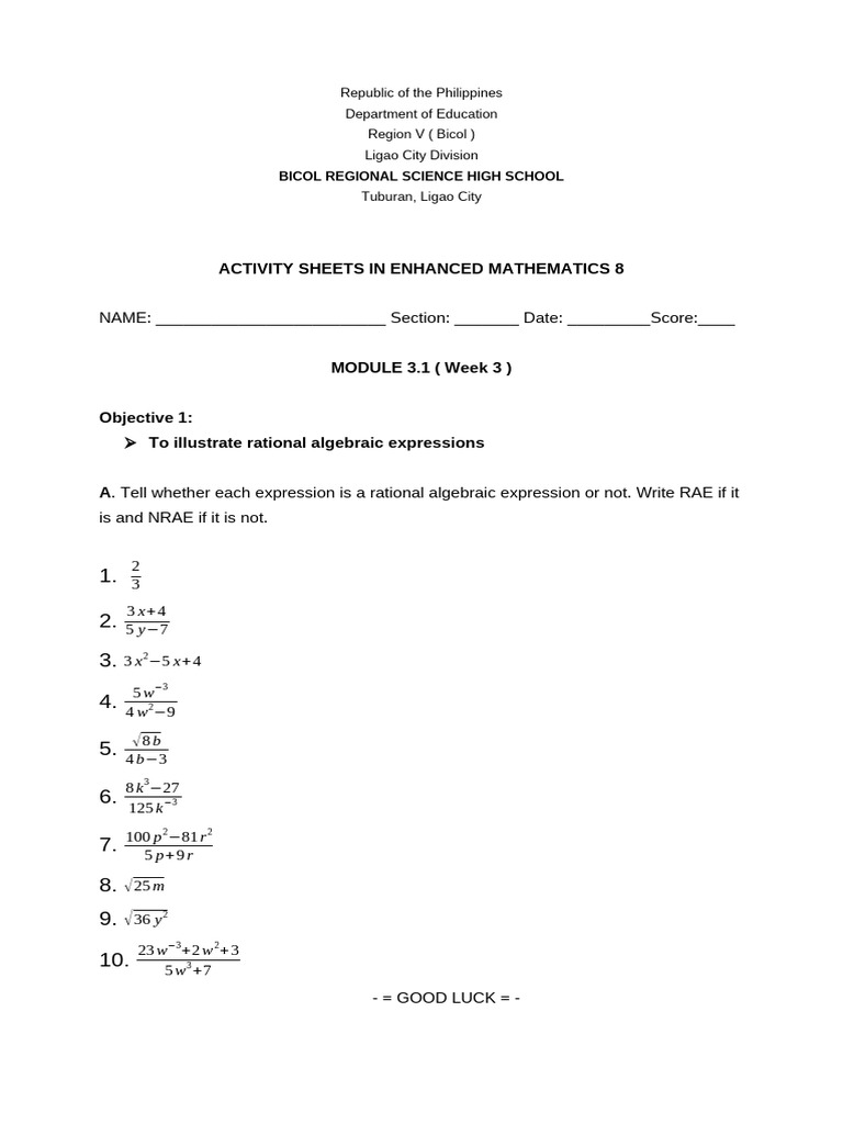 Worksheets in Math 8 Week 3 | PDF | Mathematics | Algebra