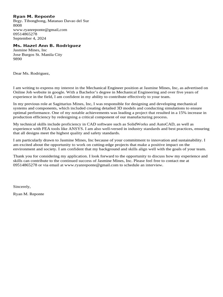 Mechanical Engineer Application Letter | PDF | Career & Growth | Business