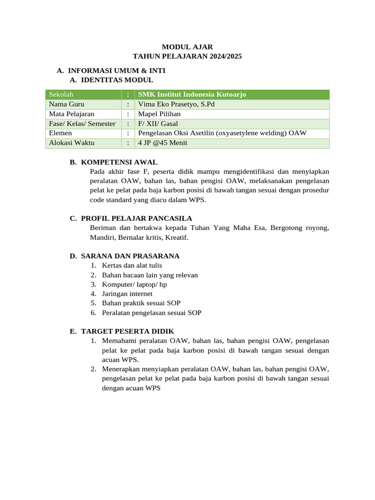 Modul Ajar MP Pengelasan | PDF