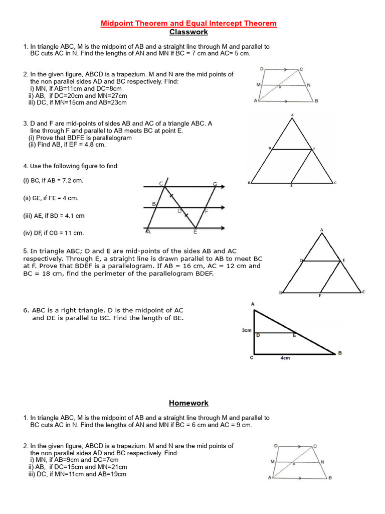 Mid-Point and Intercept Theorem, Pythagoras Theorem - Worksheet (+quadrilaterals & Area of ...