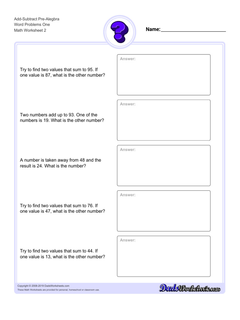 Addition Subtraction Pre Algebra Word Problems v2 | PDF