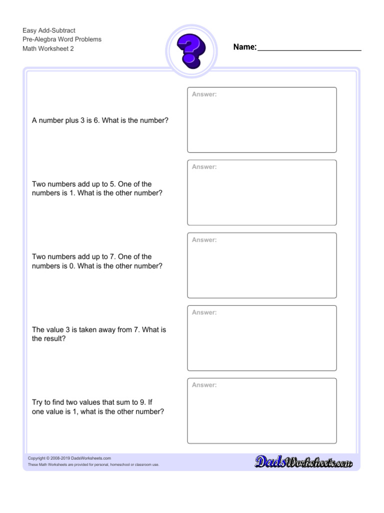 Addition Subtraction Pre Algebra Word Problems Easy v2 | PDF