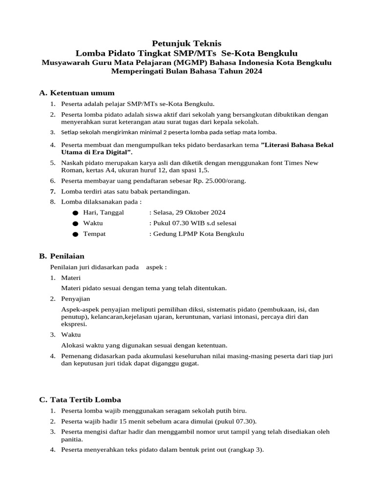 Petunjuk Teknis Lomba Pidato Tingkat SMP | PDF