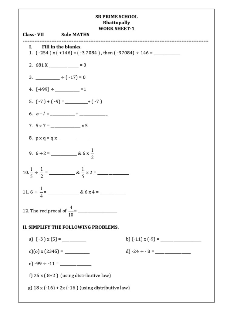 7th Class Maths Holiday Ass Term-1 | PDF | Mathematics