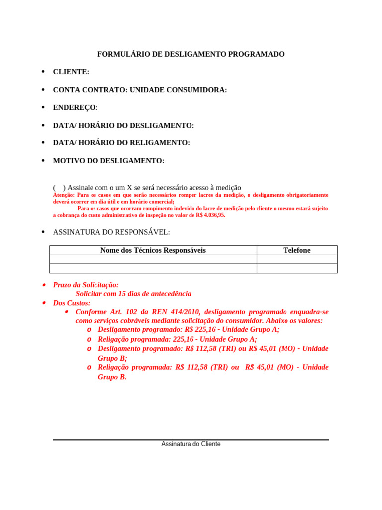 Ficha de Desligamento Programado MT | PDF