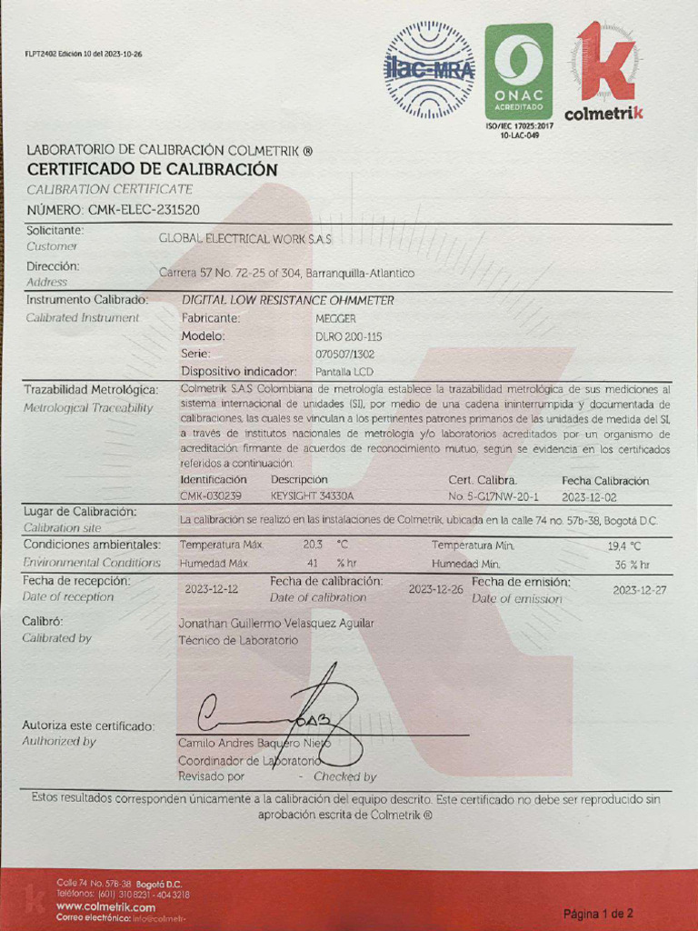 Cert. Cal. Micrometro DLRO200115. | PDF
